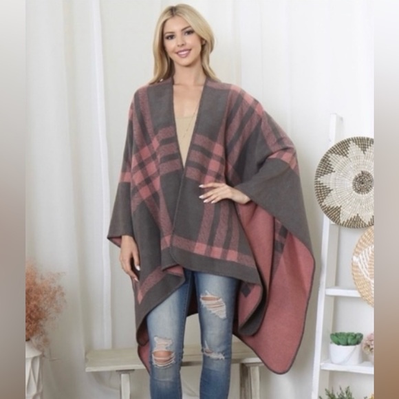 Sweaters | Nwt Plaid Ruana Poncho Beautiful Gray And Pink | Poshmark